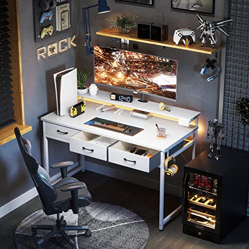 ODK 48 Inch Computer Desk with 3 Drawer and Large Storage Shelves, Home Office Desk with Monitor Shelf, Modern Work Writing Study Desk, White