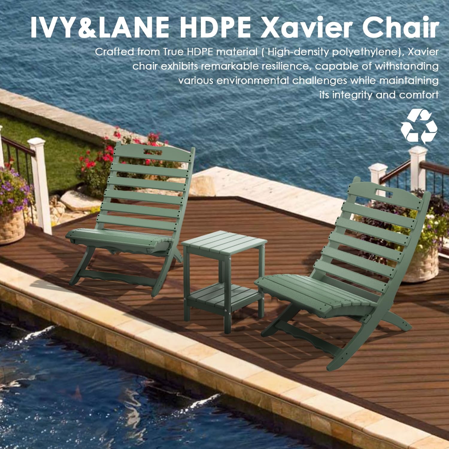 IVY&LANE Portable Xavier-Chairs Set of 4 | Folding-Adirondack-Chair | Wave | HDPE Plastic | Limited Edition | Forest Green | All-Weather Resistant | for Outdoor Fire-Pit Patio Lawn Beach Poolside