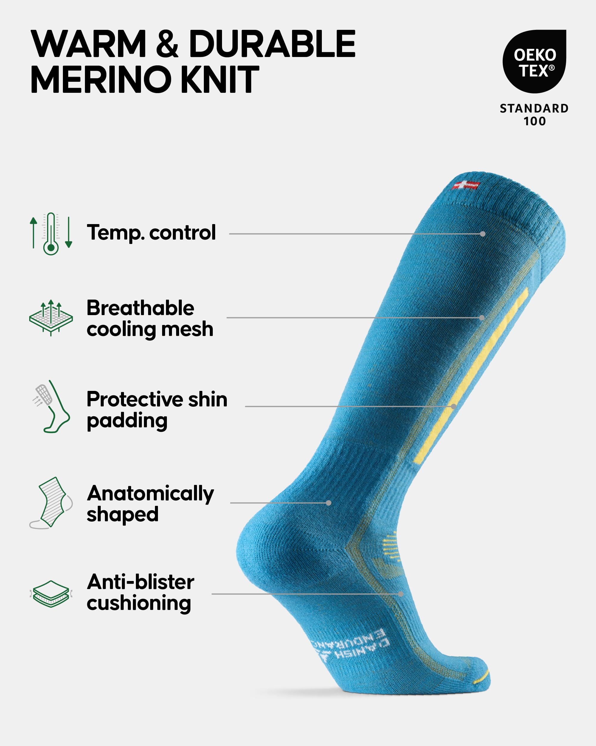 DANISH ENURANCE Merino Wool Performance Ski Socks for Men, Women & Kids, Blue/Yellow, US Kids 13-3