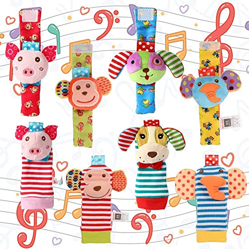 ThinkMax Wrist Foot Rattles for Baby, 8 Pcs Soft Animal Wrist Rattles and Foot Finder Socks - Elephant, Monkey, Piggy and Puppy