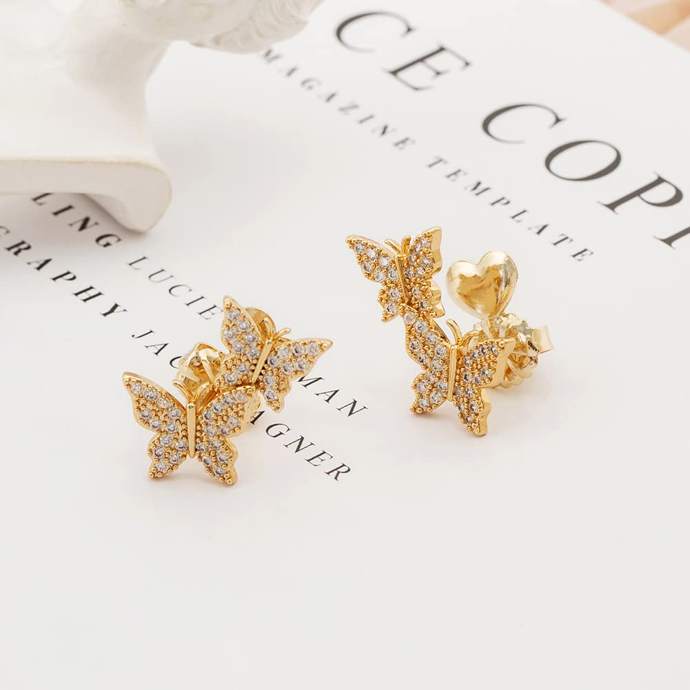 CZ Butterfly Studs Earrings - 14K Gold Plated CZ Pave Butterfly Earrings for Women,Good Gift for Sister,Lover (Gold - A)
