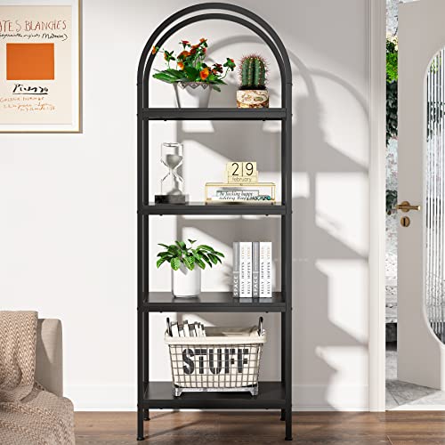 LITTLE TREE 4-Tier Arched Bookshelf, Tall Open Bookcase Storage Shelves, Wood Metal Freestanding Display Rack Tall Shelving Unit for Home Office, Bedroom, Living Room, Industrial Black