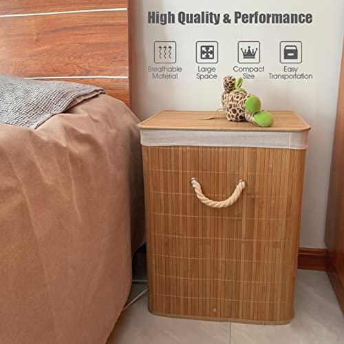 Laundry Hamper Bamboo, Large Clothes Storage Basket with Lid and Removable Liner, Freestanding Dirty Clothes Hamper Bin, Laundry Basket Organizer for Clothes Toys in the Dorm and Family