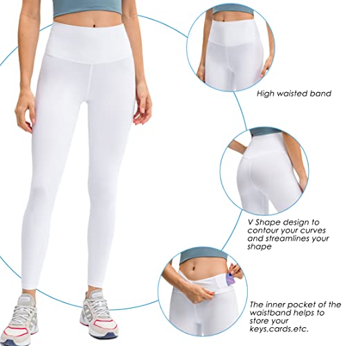 ENEESSI Women's High Waisted Yoga Leggings with Pockets,Tummy Control Workout Athletic Running Yoga Pants 25'' White XXL