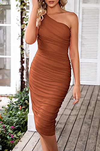 PRETTYGARDEN Women's Ruched Bodycon Dress 2023 Summer One Shoulder Sleeveless Party Cocktail Pencil Dresses (Caramel,Large)