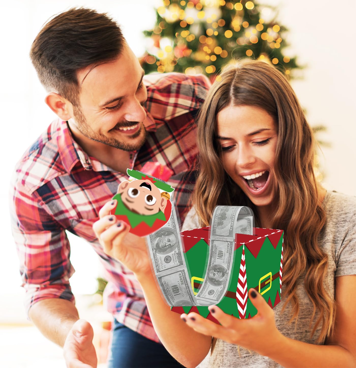 Christmas Money Gift Box for Cash Pull Elf Money Pull Out Gift Box with 30 Transparent Bags Ideas for Kids Women Men Money Roll Gift Box