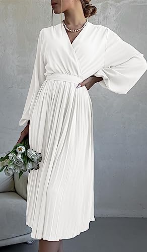 PRETTYGARDEN Women's Fall Midi Dress Long Puff Sleeve Wrap V Neck Flowy Ruffle Pleated Casual Dresses (White,Large)