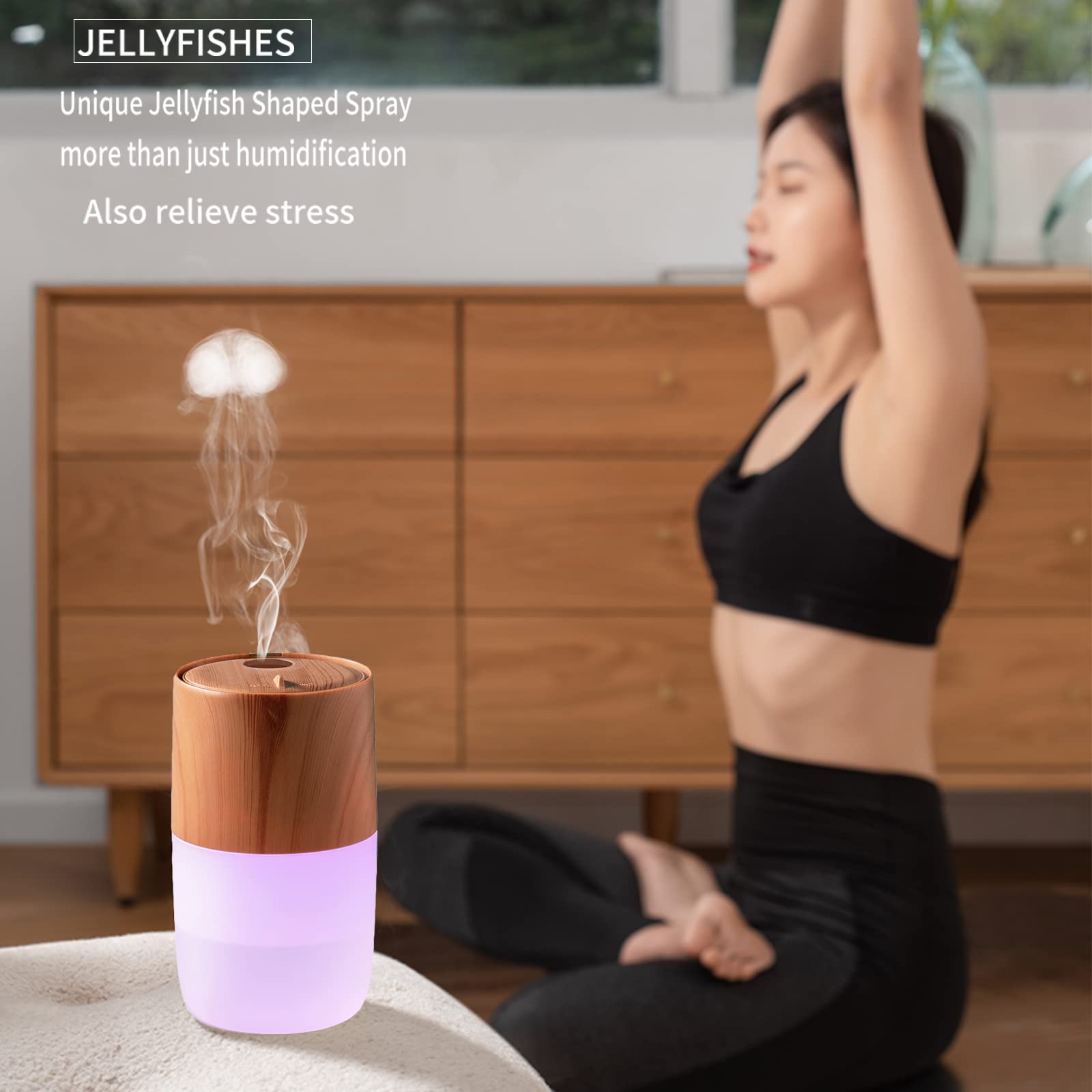 fuliying Cool mist humidifier-USB Personal Desktop Humidifier,Humidifier with jellyfish-shaped spray for stress relief,humidifiers for bedroom,Night Light Function,2 Mist Modes White