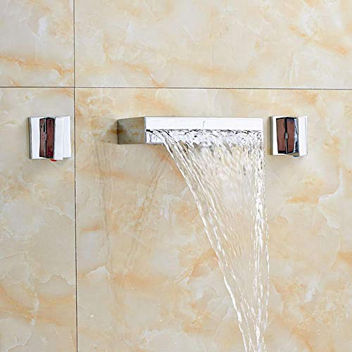 GTFDXJ Brass Tap Basin Sink Chrome Finished Bathroom Wall Mout Basin Widespread Dual Handle Waterfall Bath Spout Mixer Taps-B