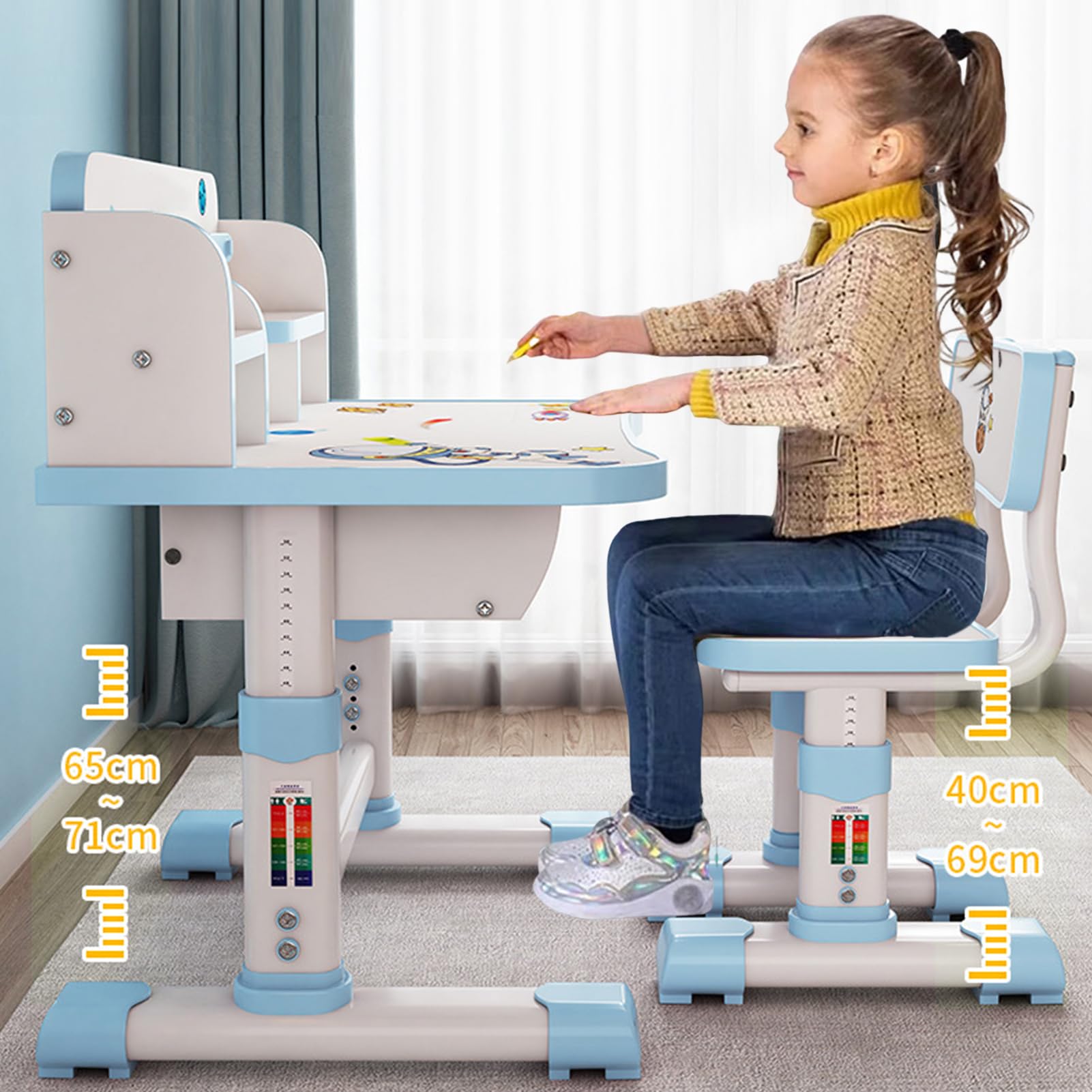 Kids Study Desk and Chair Set, Height Adjustable Kids School Desk, Wood Cartoon Learning Desks, Kids Desk with Storage, Children Study Table with Storage, Large Writing Board, Bookshelf⌠(Blue)
