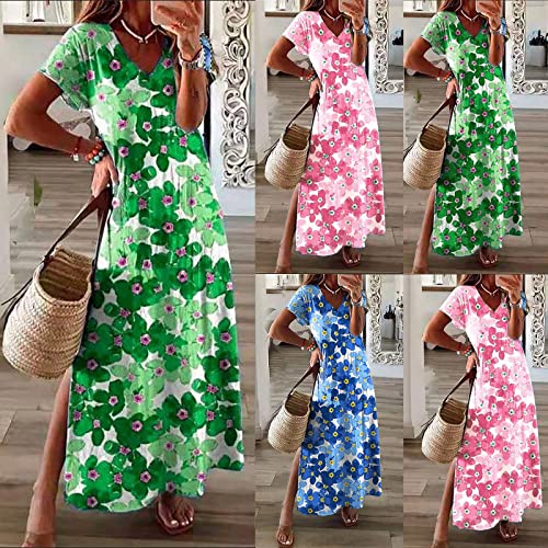 Fall Women Maxi Dress Summer Spring Short Sleeve Split Long Casual V Neck Boho Tank Dresses Beach Sundress Blue