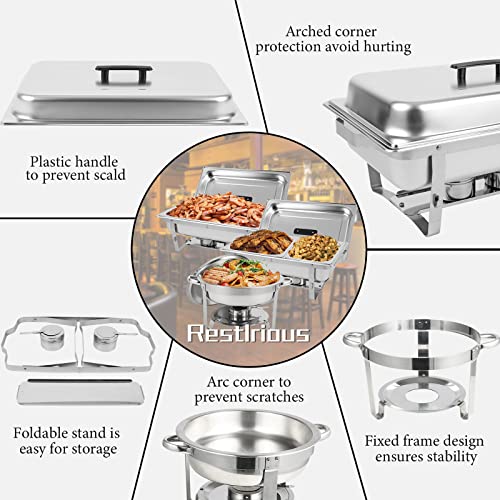Restlrious Chafing Dish Buffet Set 6 Pks, Stainless Steel 5QT Round & 8QT Rectangle Foldable Chafers & Buffet Warmers Set, w/Full & Half Size Food Pan, Water Pan, Fuel Holder & Lid for Catering Event