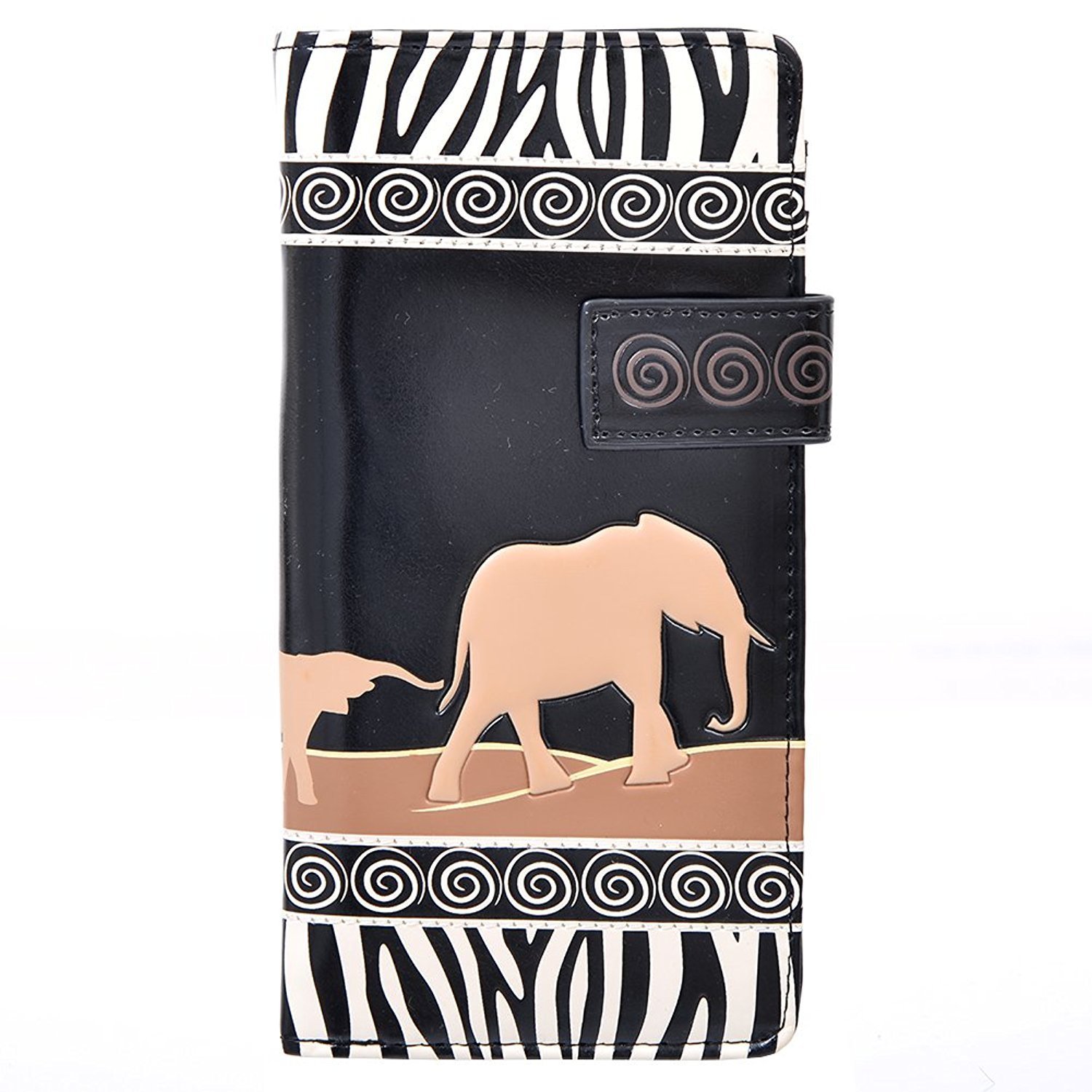 Shag Wear Women's Vegan Faux Leather Clutch Purse with Multi-card Holder Zipper Around Closure, Black Elephant Safari