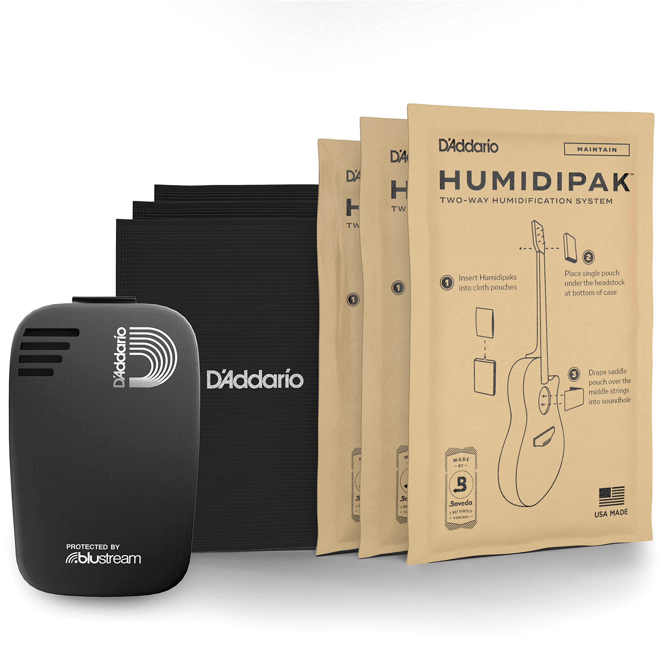D'Addario Guitar Humidifier - Humidikit - Humiditrak & Humidipak Bundle - Automatic Guitar Humidification Systems with Bluetooth Sensor for Tracking - Safely Rehydrate Guitar and Case
