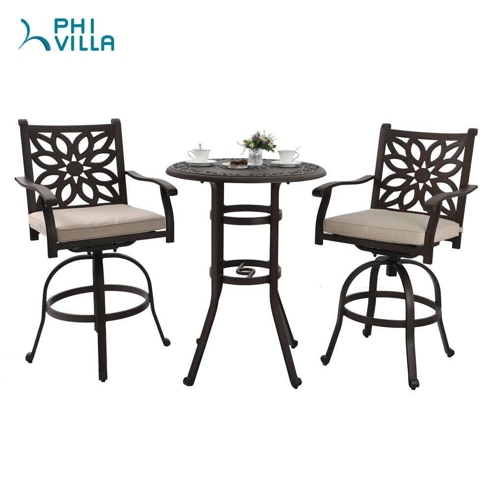 PHI VILLA 32" Cast Aluminum Patio Bar Table, 41" Height High Top Outdoor Table, Pub Height Bistro Round Table for Paito Lawn Garden, Brown