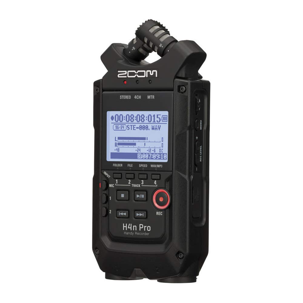 Zoom H4n Pro All Black 4-Track Portable Recorder (2020 Model) with Windscreen, Mic Attenuator Cable, 16GB Memory Card & Remote Control Bundle