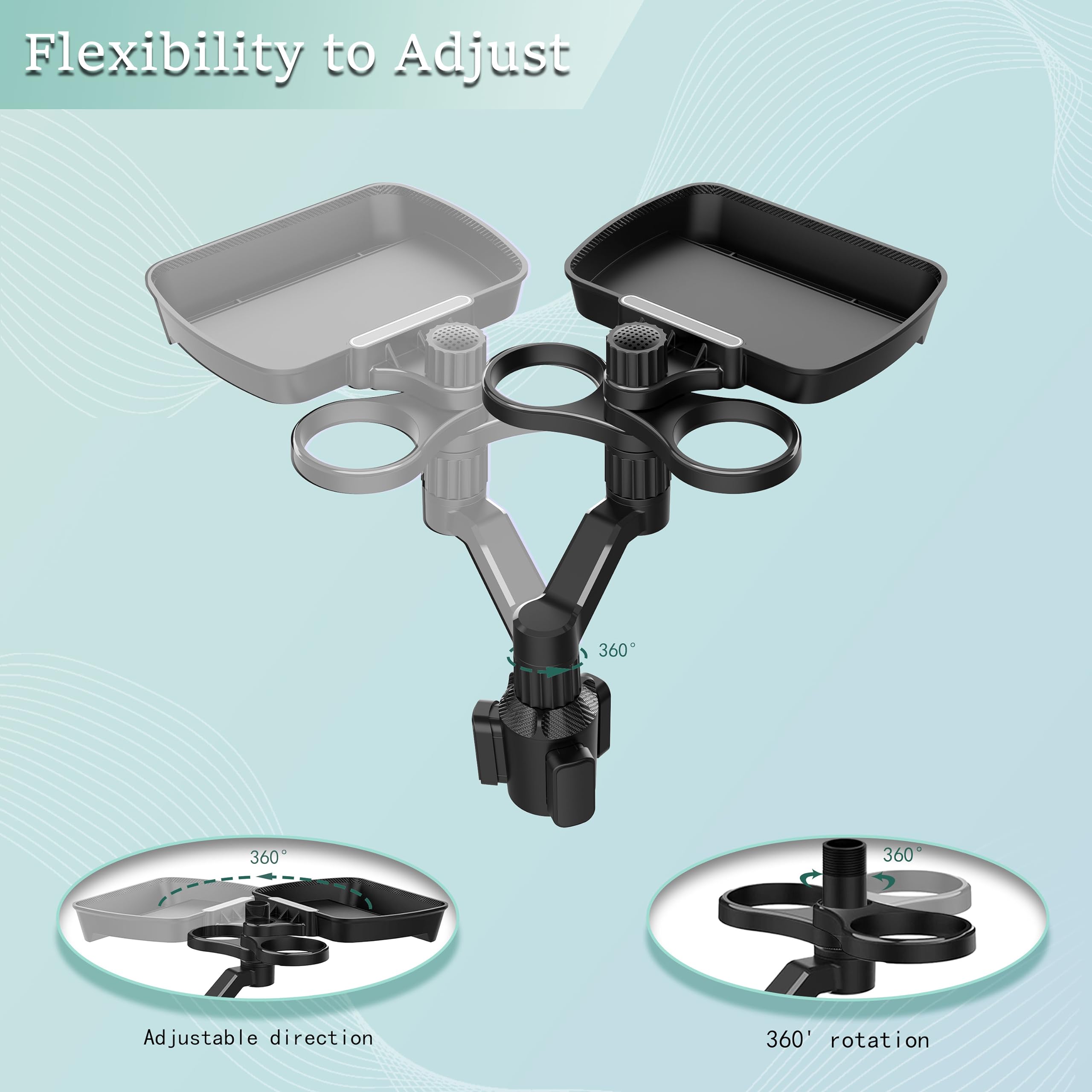 Cup Holder for Car 360°Rotation Adjustable Base Width Cup Holder Expander with Dual Cup Holder, Phone Holder, Detachable Instant Noodle CupHolder-Ashtray CupHolder, Car Travel Essentials