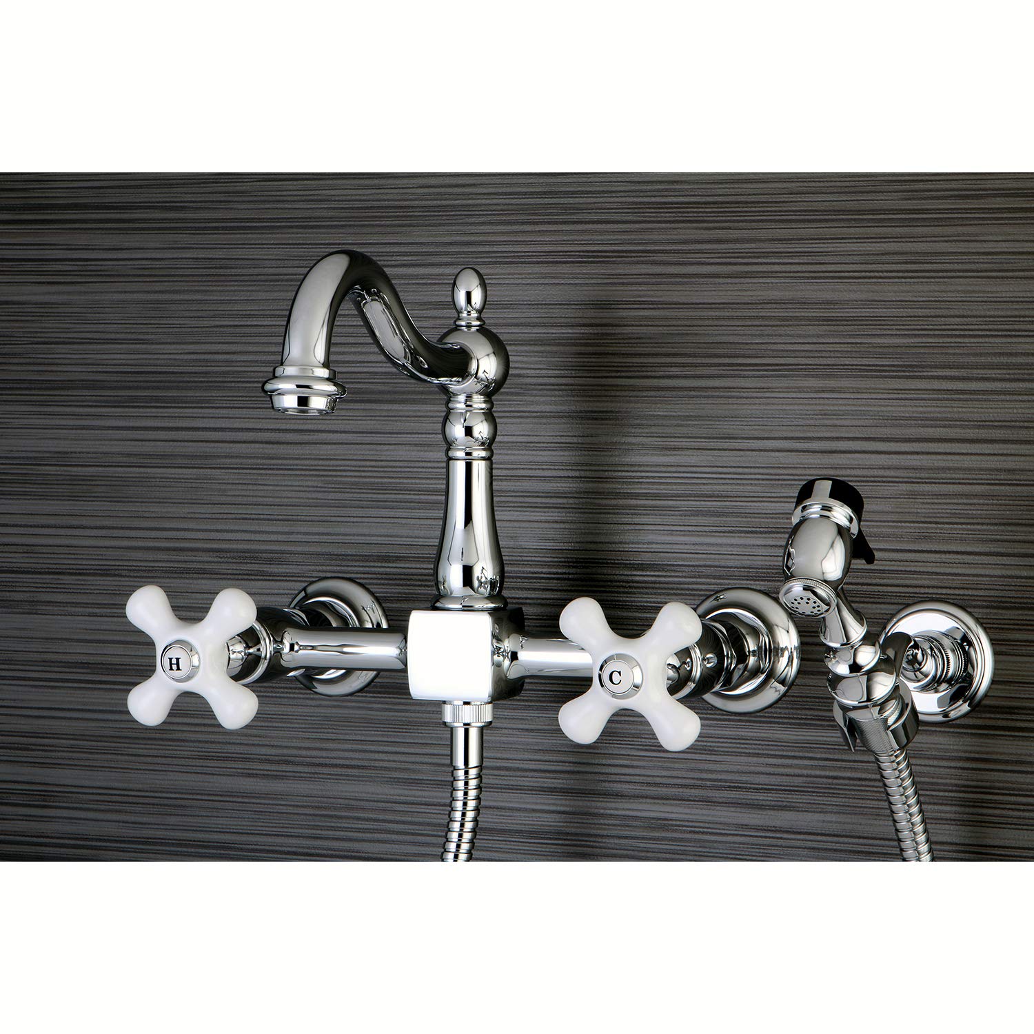 Kingston Brass KS1261PXBS Heritage Wall Mount Bridge Kitchen Faucet with Brass Sprayer, Brushed Nickel
