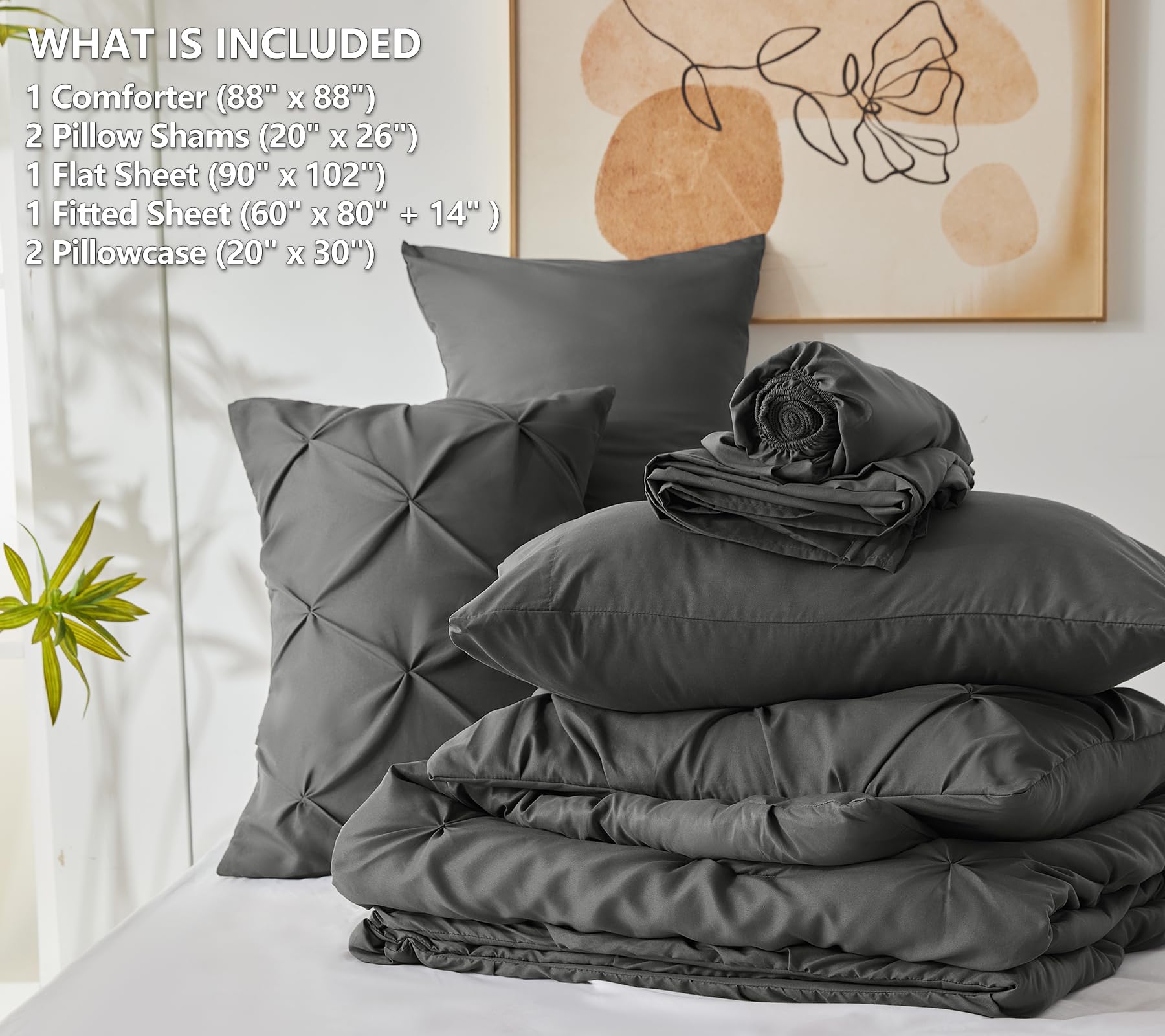 CozyLux Queen Comforter Set - 7 Pieces Comforters Queen Size Dark Grey, Pintuck Bed in A Bag Gray Pinch Pleat Bedding Sets with All Season Comforter, Flat Sheet, Fitted Sheet and Pillowcases & Shams