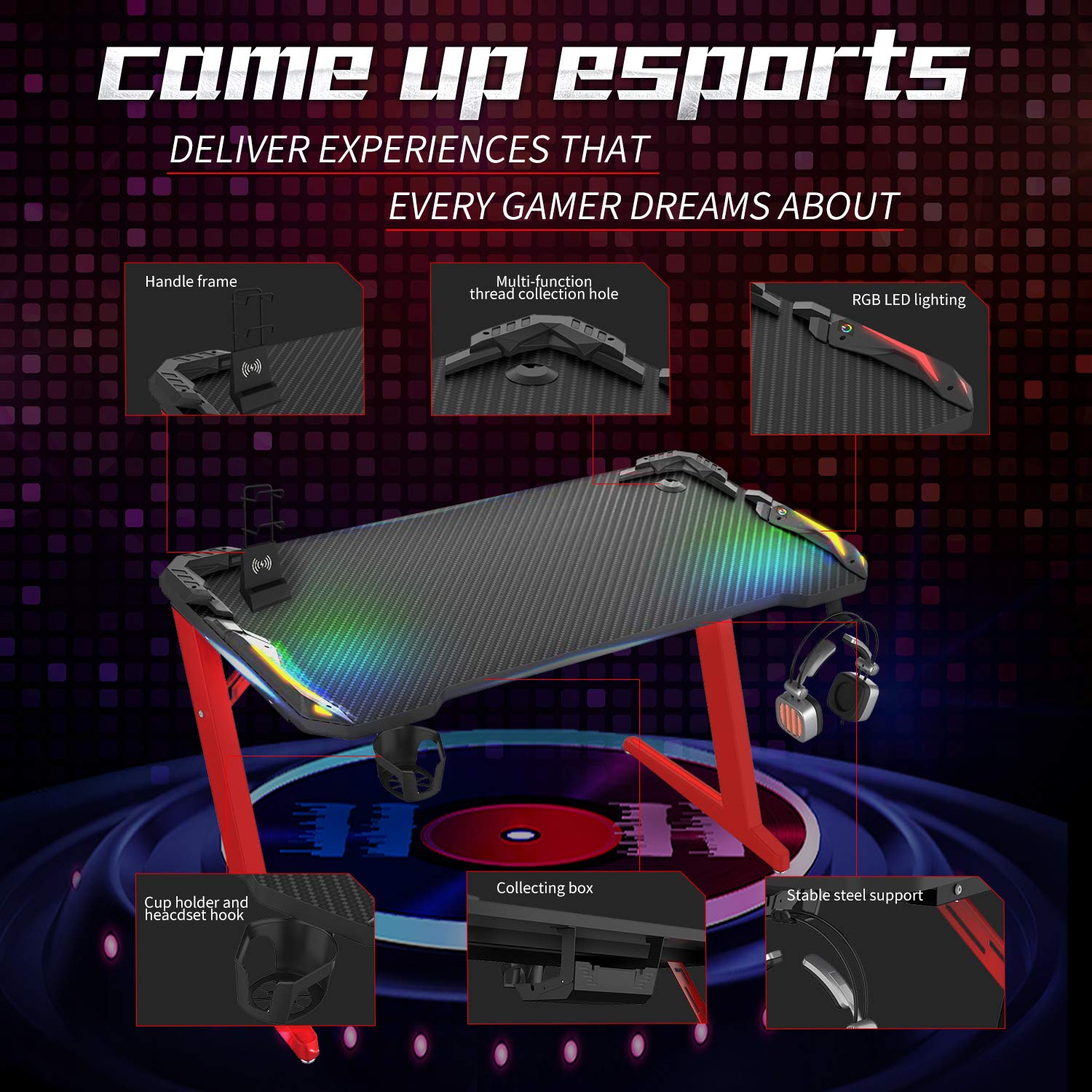 Dancing Wolf New Model Gaming Desk 47 inch with USB Gaming Handle Rack, RGB LED Light，Cup Holder & Headphone Hook (Red)