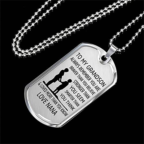 COMTRUDE From Nana to Grandson Stainless Steel Dog Tag Necklace, Always Remember You are Braver Pendant Necklace