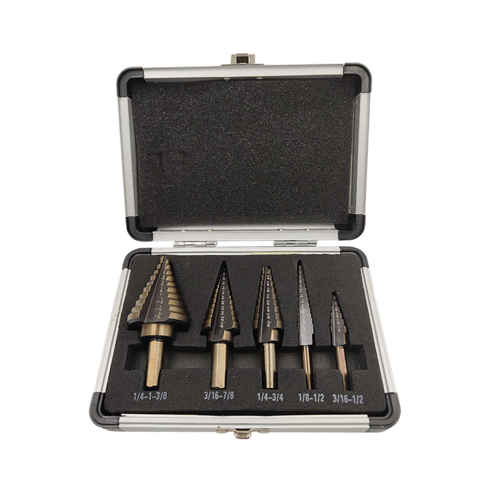 FOITECHY 5Pcs High Speed Step Drill Bit,Stainless Steel Metric Step Drill Bit,Cobalt Step Drill Bits for Metal,50 Sizes in 5 High Speed Steel Unibit Drill Bits Set for Sheet Metal with Aluminum Case