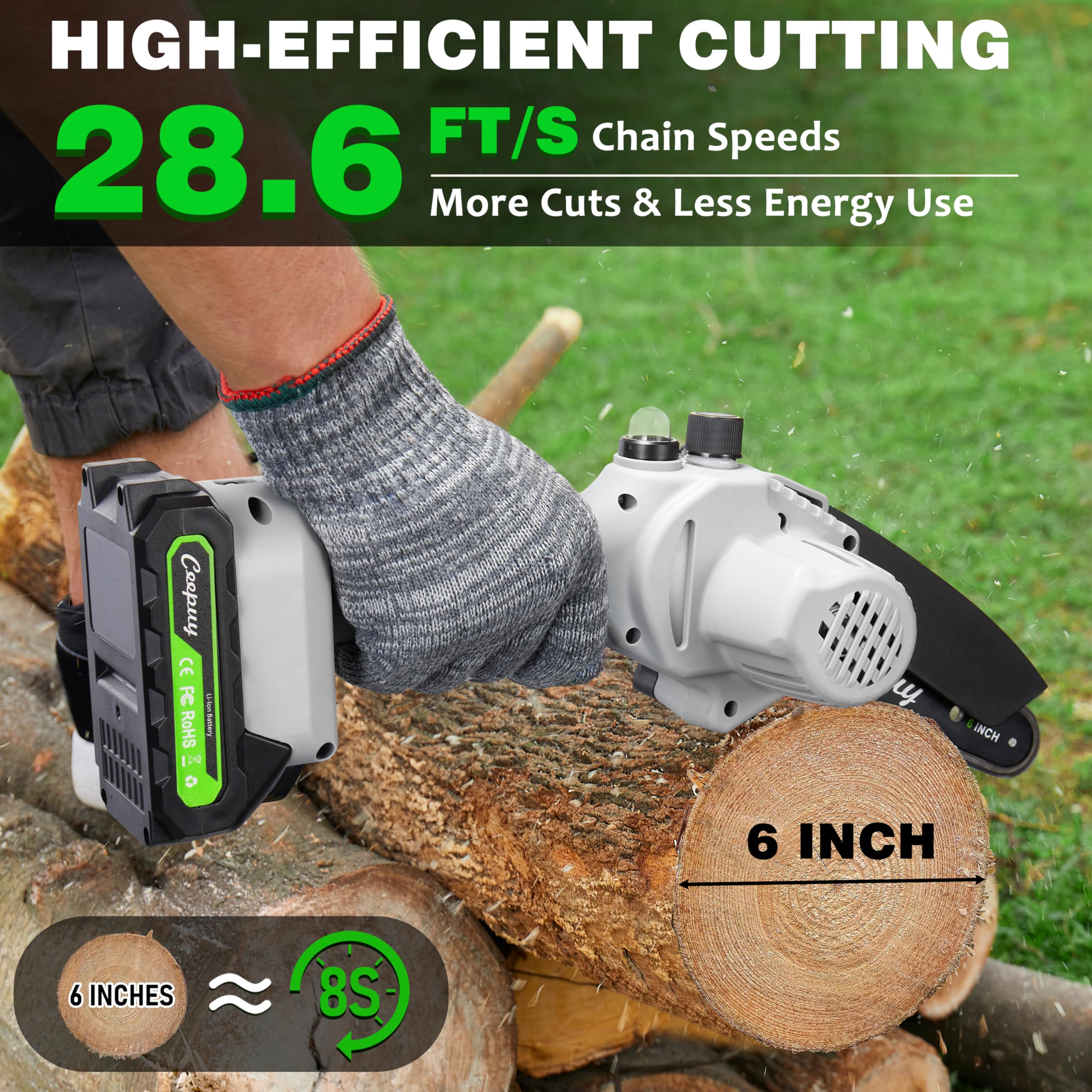 CEEPUY Mini Chainsaw Cordless,6 Inch Portable Electric Chain Saw w/ Automatic Oiler, Battery Powered Small Handheld Saw w/ Security Lock Trees Branches Trimming, Wood Cutting, 2 Batteries 3 Chains