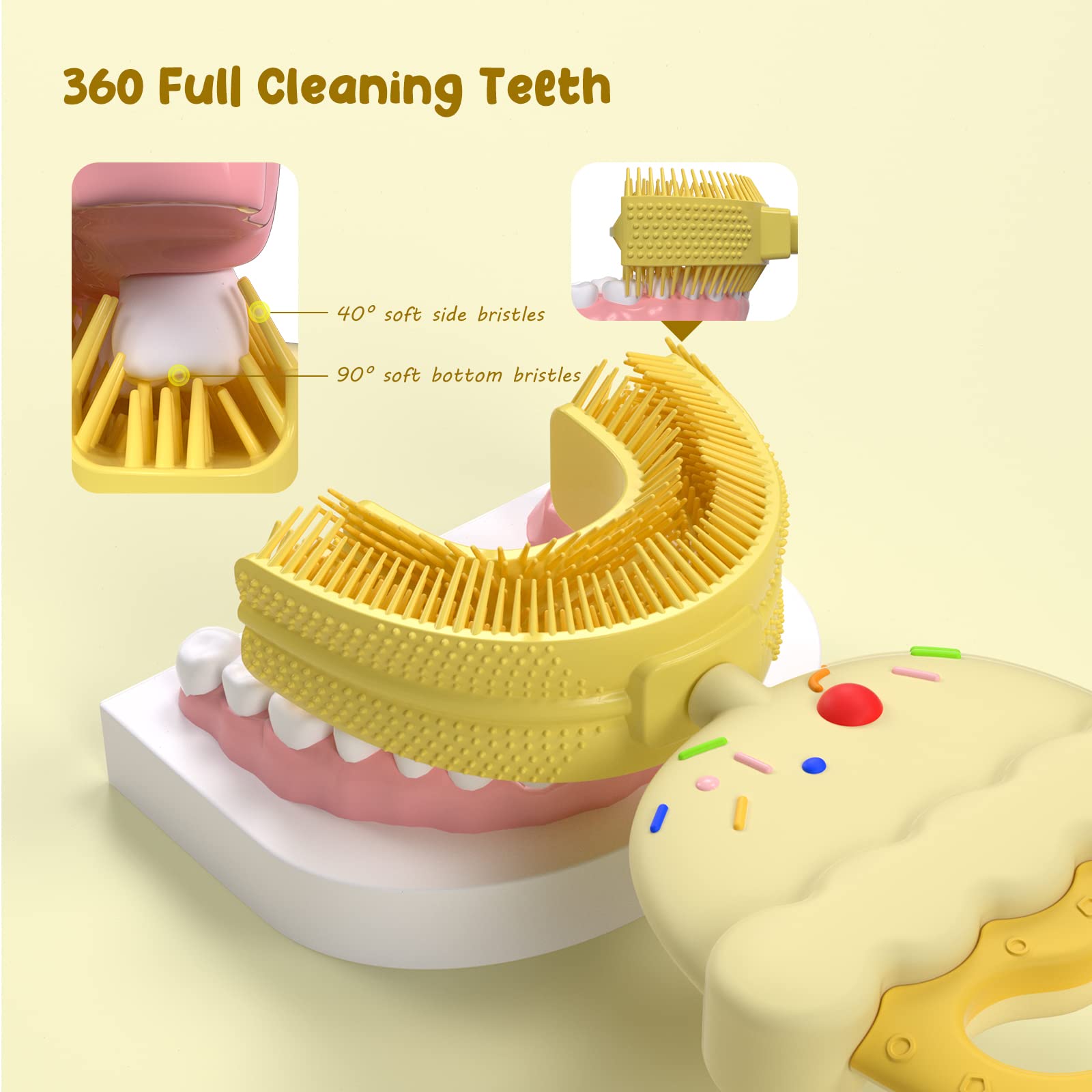 Kids U-Shaped Toothbrush,Soft Silicone Toothbrush Head, Manual Training Tooth Brush, 360° Oral Teeth Cleaning Design for Toddlers and Children Age 6-12,Yellow