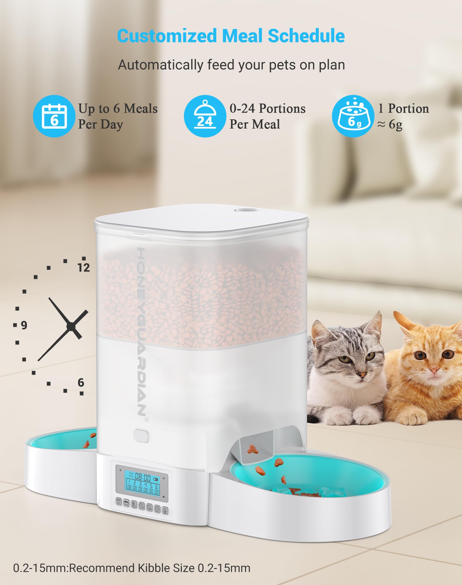 HoneyGuaridan Automatic Cat Feeder for Two Cats,3.5L Cat Food Dispenser with Slow Feeder Bowl,Timed Cat Feeder Programmable 1-6 Meals Control, Dual Power Supply,10s Meal Call White