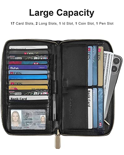 Chelmon Womens Wallet Large Capacity Zip Holder Clutch Bifold Wrist Strap Long Purse Black