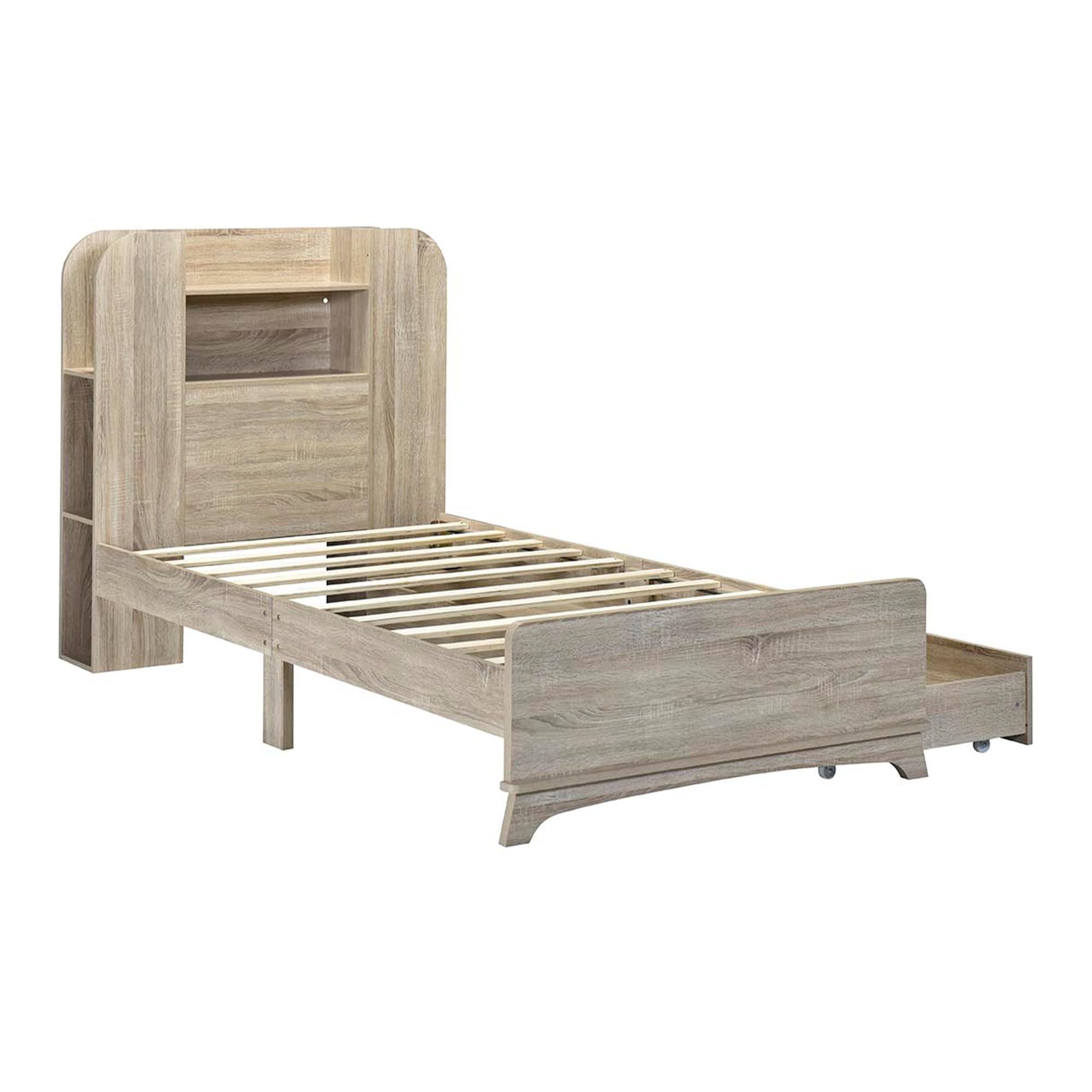 HoRunzelin Twin Size Platform Bed with Storage Bookcase Headboard,2 Drawers and LED Light,Wooden Bed Frame with Bookshelf Shelves for Kids Boys Girls, Natural