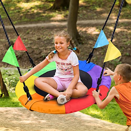 Odoland 24 inch Children Tree Swing, Outdoor Small Saucer Swing Platform Swing for Kid, Round Flying Swing wirh Adjustable Hanging Ropes for Backyard, 220lb Weight Capacity Great for 1-2 Kids
