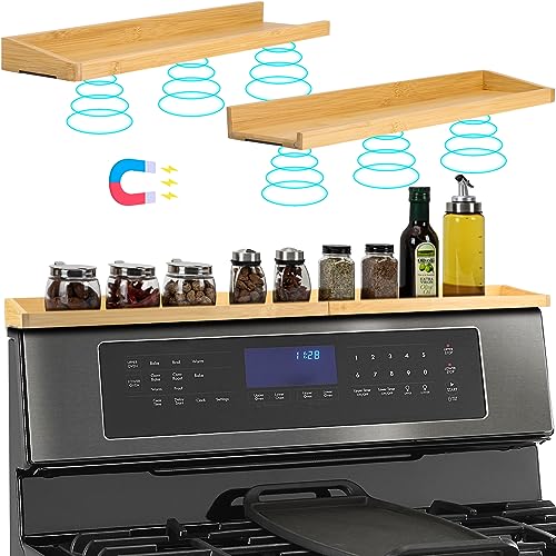 Magnetic Stovetop Shelf, Bamboo Stove Shlef Rack for Spice Storage, Over Stove Top Shelf Organizer for Kitchen, Natural Over Stovetop Oven Shelf Spice Rack Above The Stove 15" X 2 Pack, 30" Length