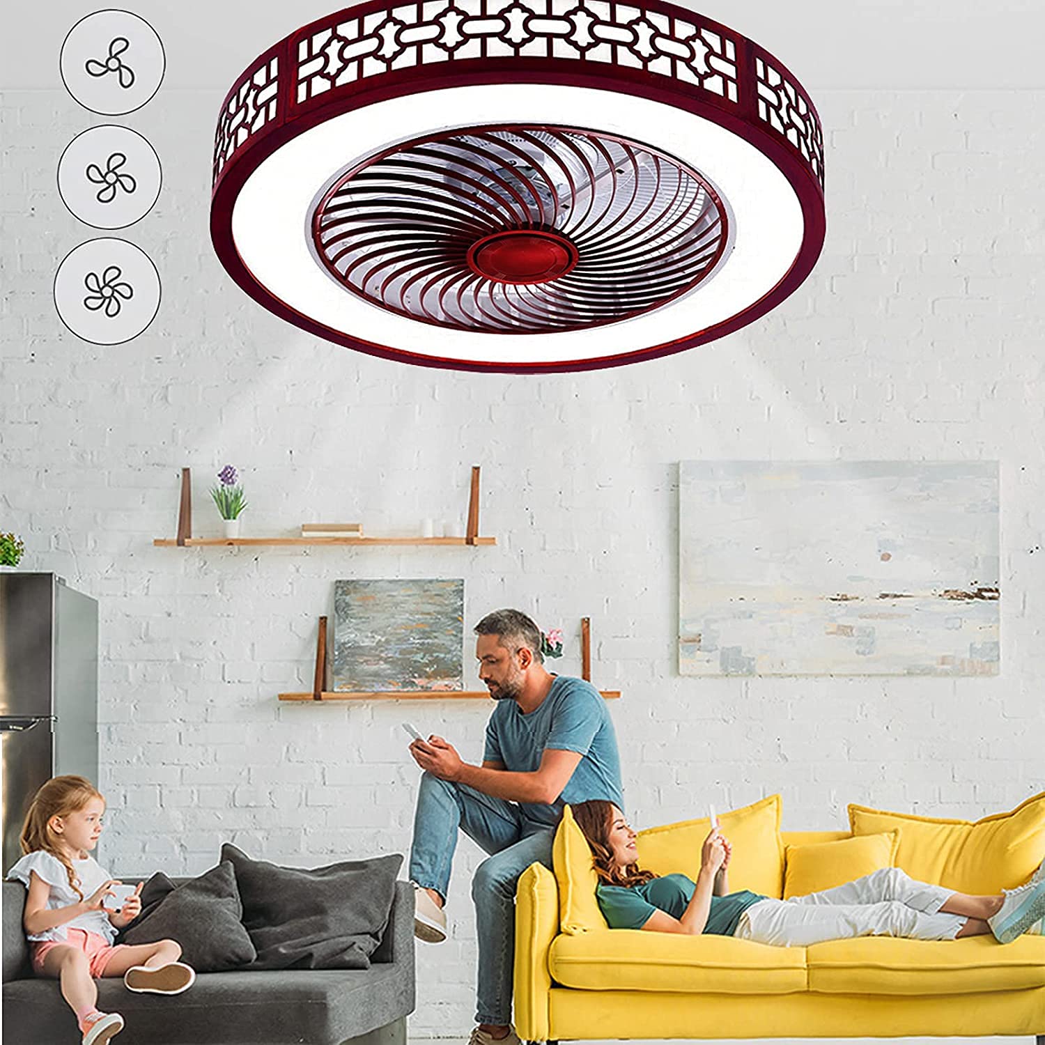 Ceiling Fan Light,22 Inch 64W 3 Colors 3 Speeds Round Retro Wood Remote Control Indoor Flush Mount Ceiling Fan Light