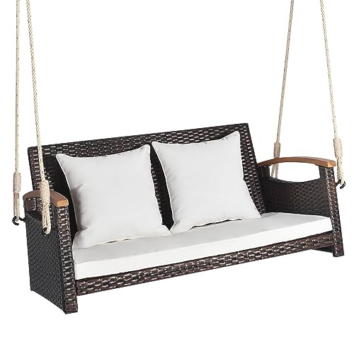 HAPPYGRILL 2-Seater Hanging Swing, Outdoor PE Rattan Hanging Swing with Curved Acacia Wood Armrests, Padded Cushions, Porch Swing Bench, Perfect for Patio Garden Deck, 800 lbs Weigh Capacity