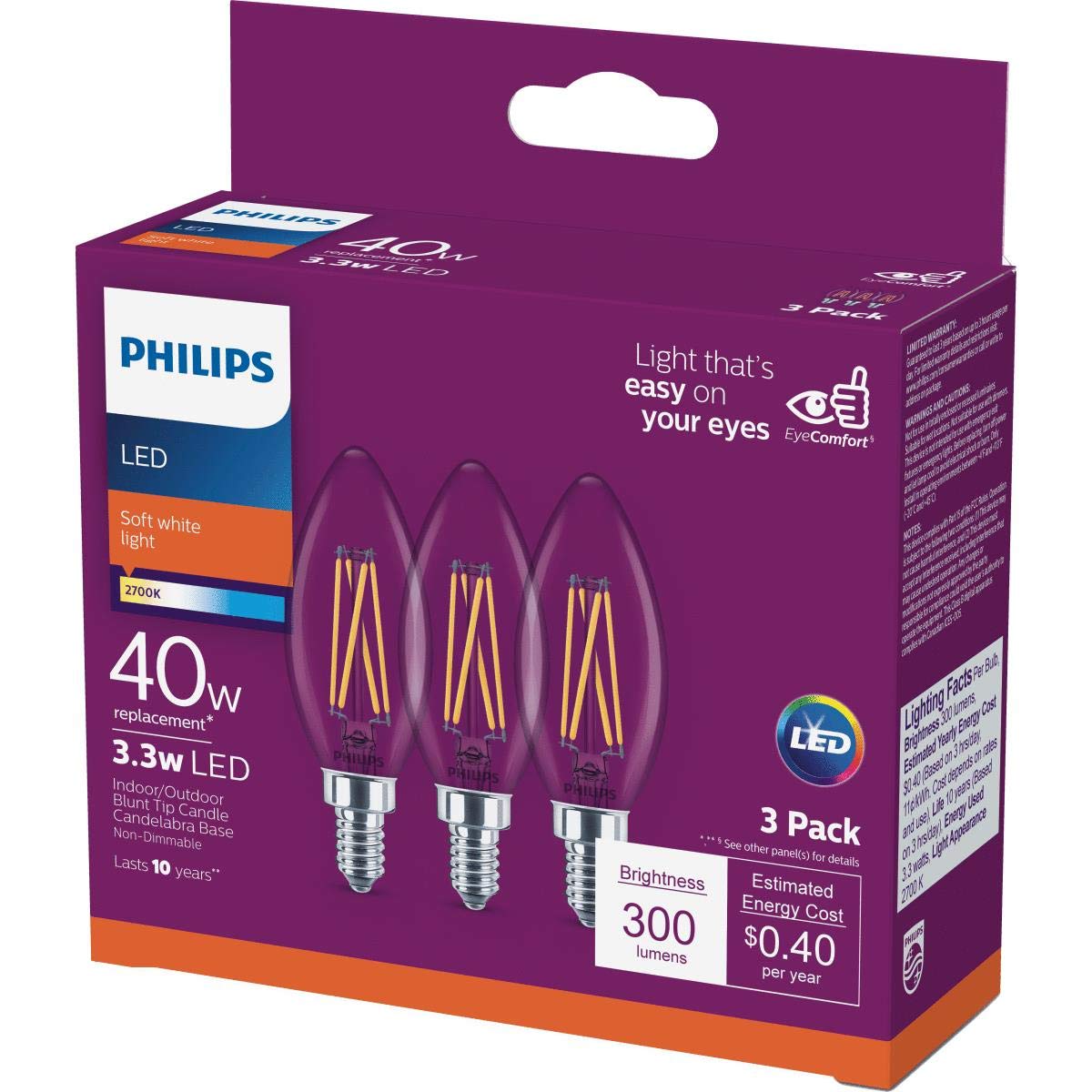 Philips 554121 40W Candelabra Base Blunt Tip Candle LED Bulb-(3 Pack)
