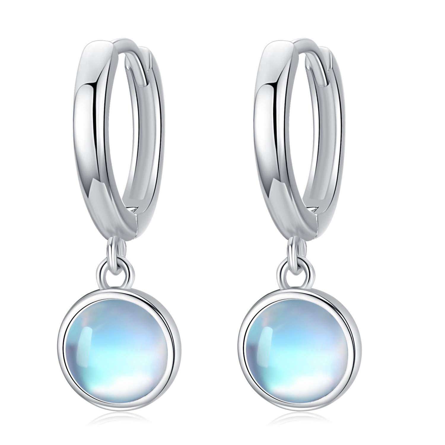 Cuoka Round Moonstone Earrings 925 Sterling Silver Small Moonstone Bead Hoop Earrings Rainbow Moonstone Dangle Earrings Jewelry for Women Mom