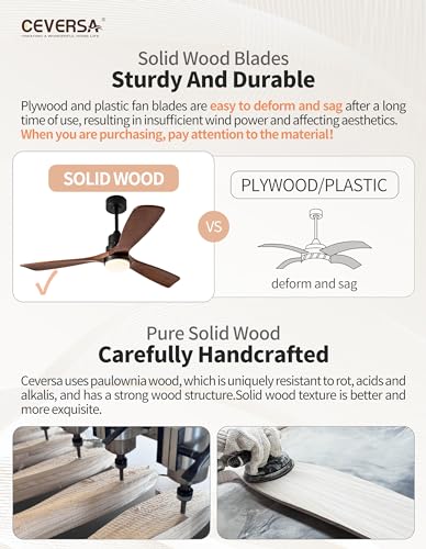 Ceversa 52 Inch Solid Wood Ceiling Fan with Light and Remote Control, 3 Blades Modern Ceiling Fan Walnut Craftmade Quiet for Living Room Bedroom Farmhouse Indoor Outdoor Balcony