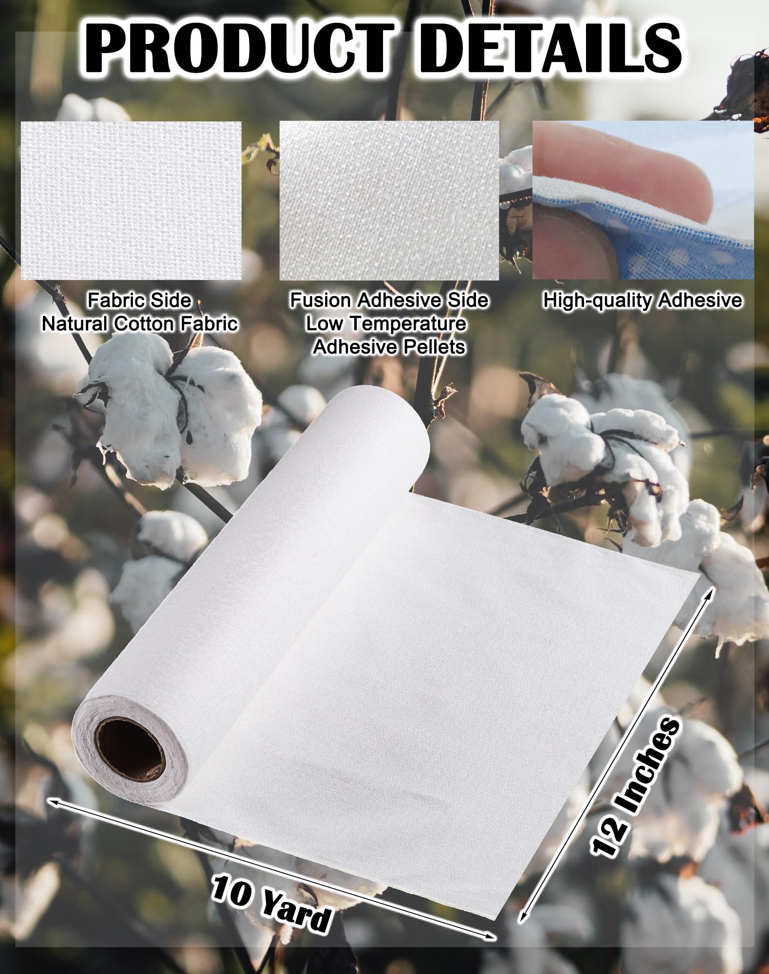 Cotton Woven Fusible Interfacing, Light Weight Fusible Interfacing for Sewing, Crafts, Clothing, Bags (12 Inches x 10 Yard, White), Iron On Interfacing Adds Support and Stability to Sewing Projects