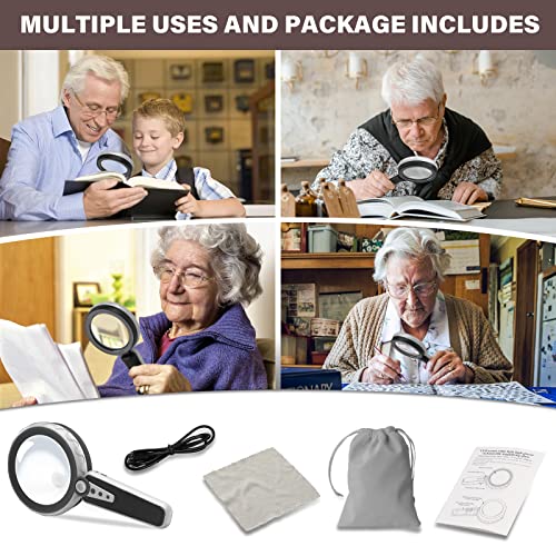 Magnifying Glass with Light-6X 10X 12 LED Handheld Illuminated Lighted Magnifying Glasses, 3 Cool and Warm Light Modes & Adjustable Brightness, Magnifier for Close Work, Seniors Reading,Powered by USB