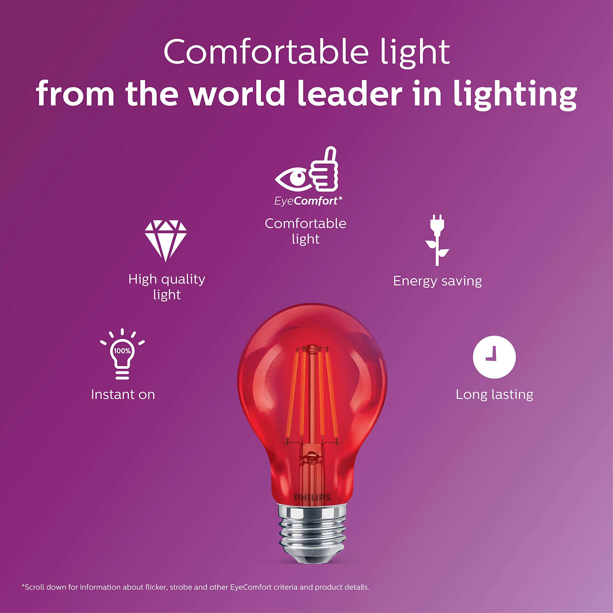 Philips LED 538207 A19 Party Bulbs: Filament Glass, 4-Watt (40-Watt Equivalent), E26 Medium Screw Base, Red Light, 6-Pack