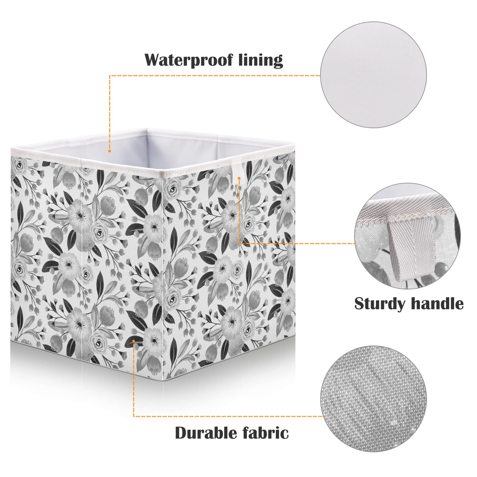 Poeticcity Black Grey Floral Flowers on White Square Storage Basket Bin, Collapsible Storage Box, Foldable Nursery Baskets Organizer for Toy, Clothes Easy to Assemble