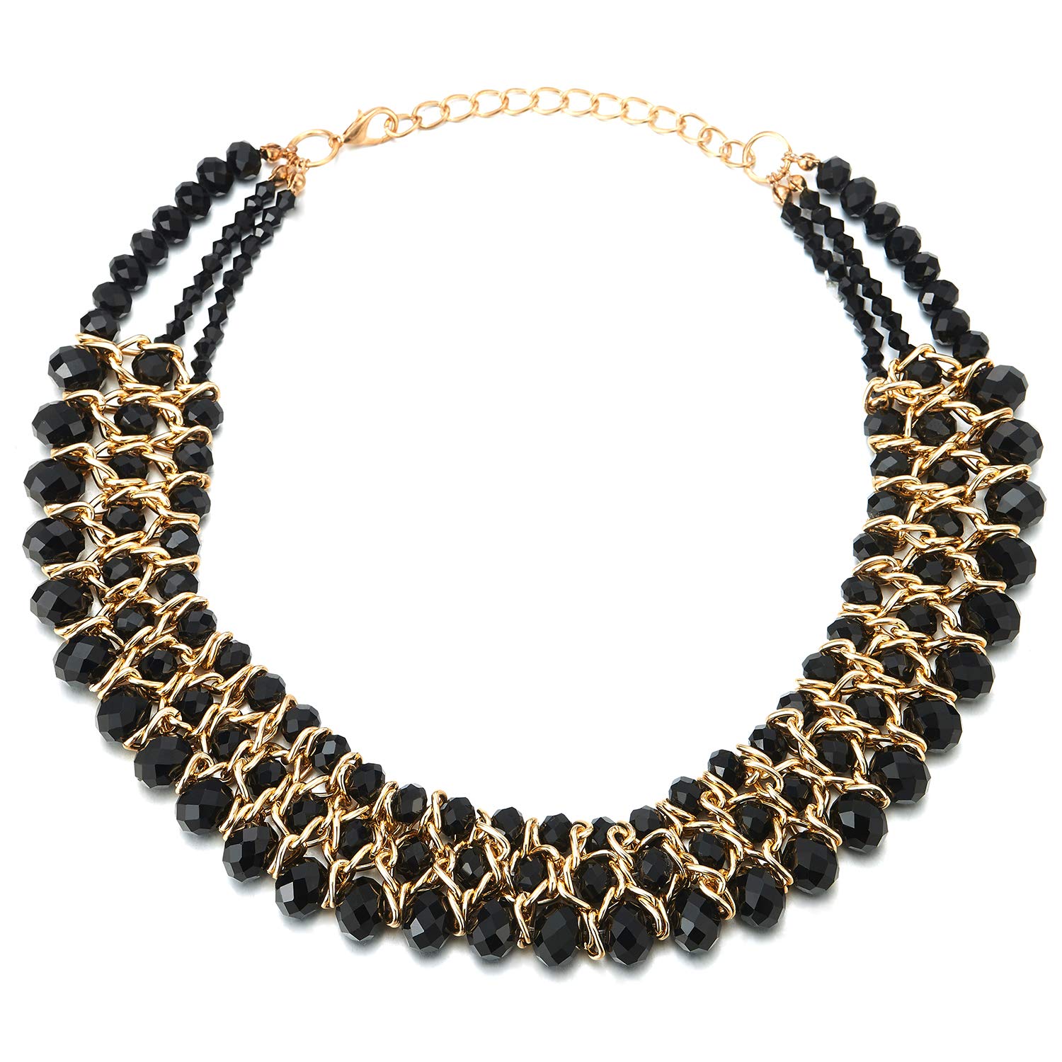 COOLSTEELANDBEYOND Statement Necklace Black Faceted Crystal Beads String Gold Braided Chain Pendant
