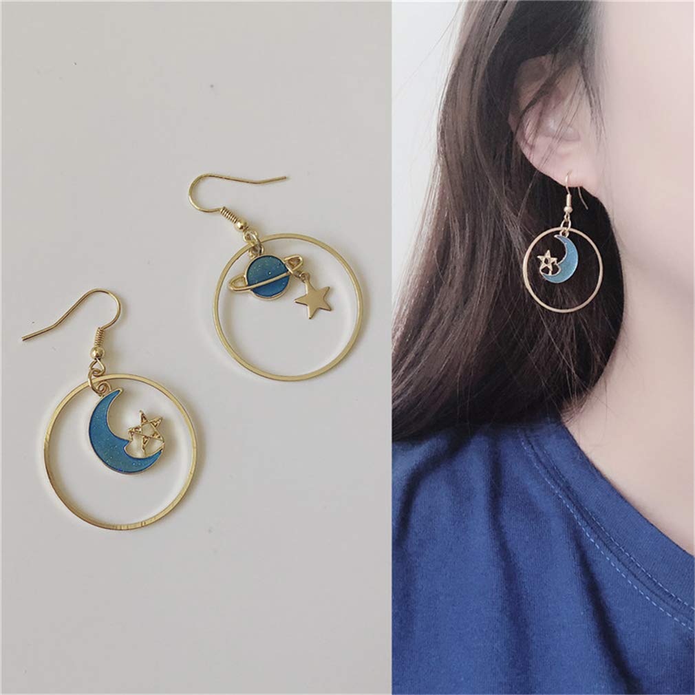 Enamel Moon Star Earth Planet Drop Hook Earrings Long Pendant Dangle Earrings Jewelry for Women Girls Creative and Useful