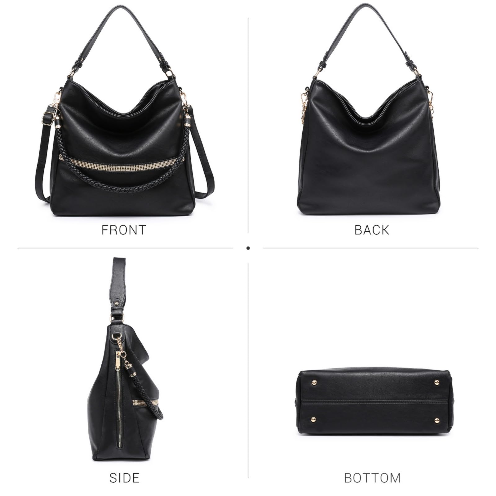 Dasein Hobo Handbags for Women Purses Vegan Leather Shoulder Bags Bucket Purse Large Tote Set with Long Strap (black)