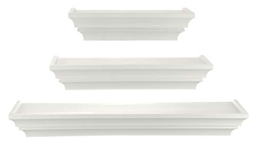 Kiera Grace Madison Classic Crown Molding Floating Wall Shelves, Robust Engineered Wood, Easy Assembly, Ideal for Home Decor, 12" / 16" / 24", White, Set of 3