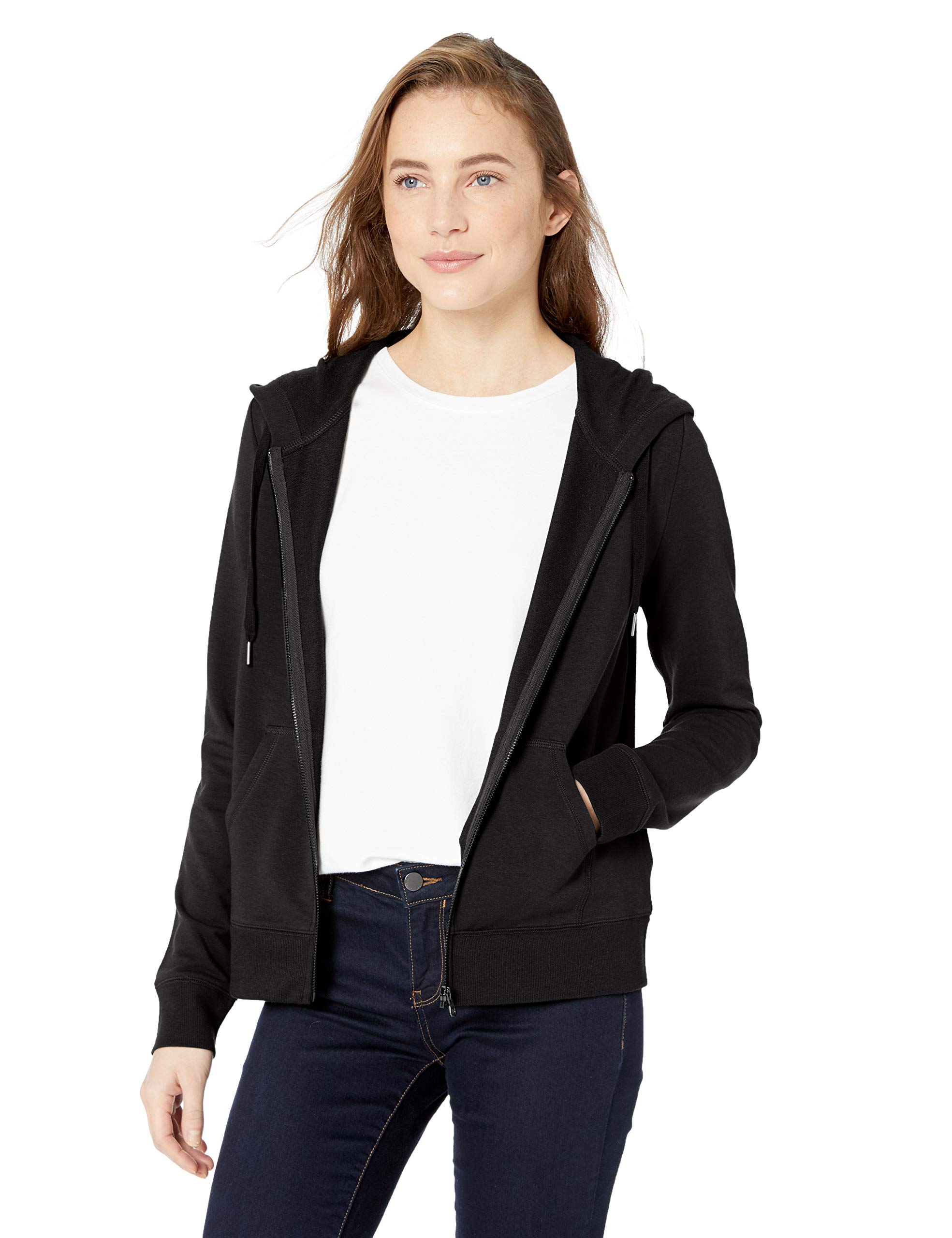 Daily Ritual Women's Terry Cotton and Modal Full-Zip Hooded Sweatshirt, Black, X-Large