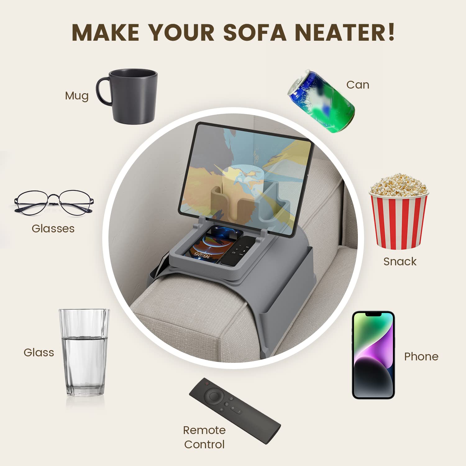 Couch Cup Holder, Couch Arm Tray, Portable Couch Drink Holder Couch Accessories Suitable for Sofa Armrest (Gray)