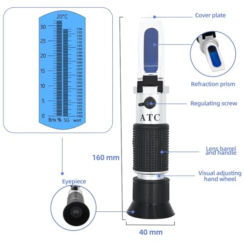 KYKYK Refractometer, Refractometer Beer Wort Wine Brix Refractometer ATC SG 1.000-1.130 and Brix 0-32% for Refractometer Sugar Wine Beer Fruit for Fruit, Homebrewing, Juice, Vegetables