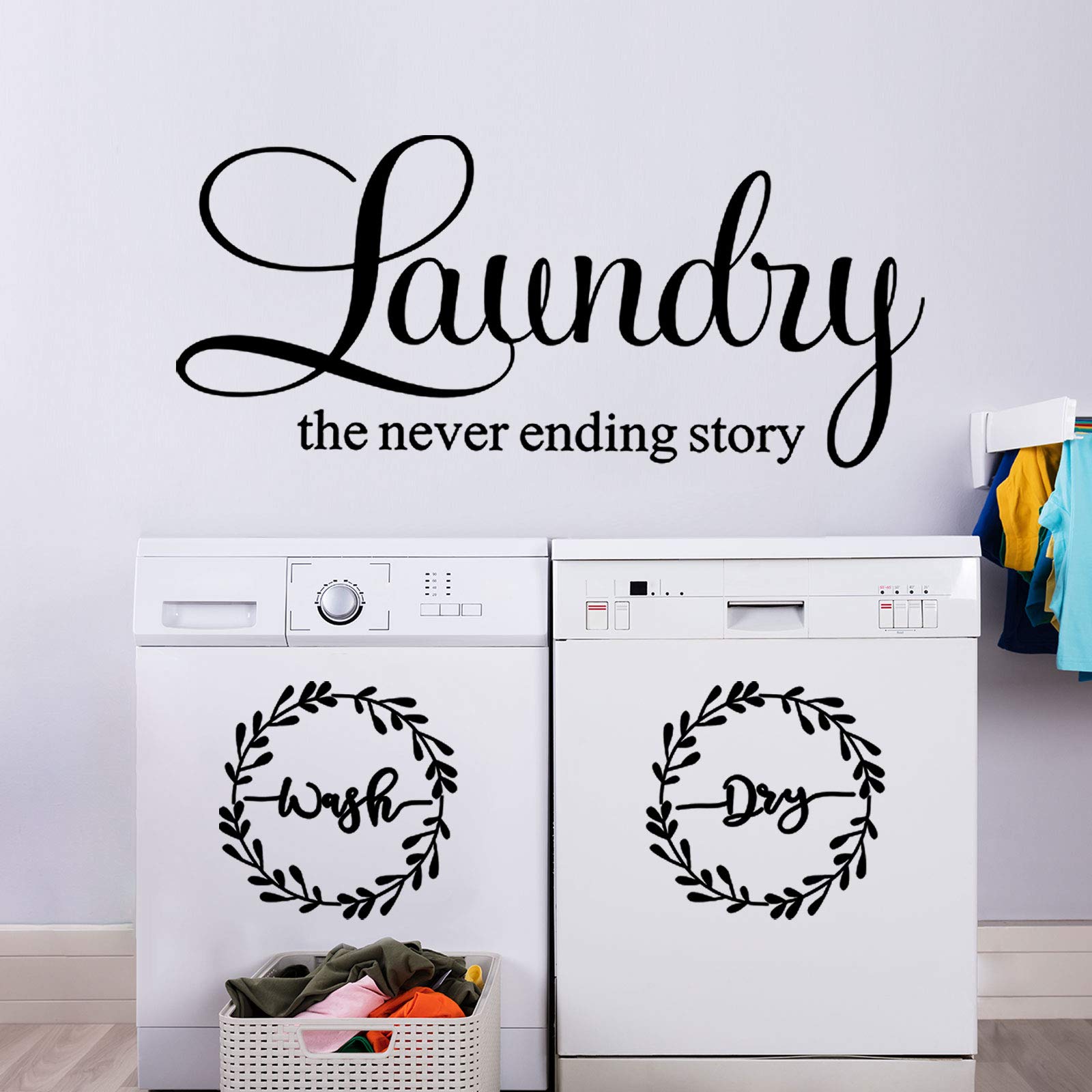 Laundry Room Vinyl Wall Decal Wash Dry Vinyl Laundry Stickers Laundry The Never Ending Story Decal Washer Stickers Quote Wall Art Stickers for Home Apartment Washing Machine (Black Printing)